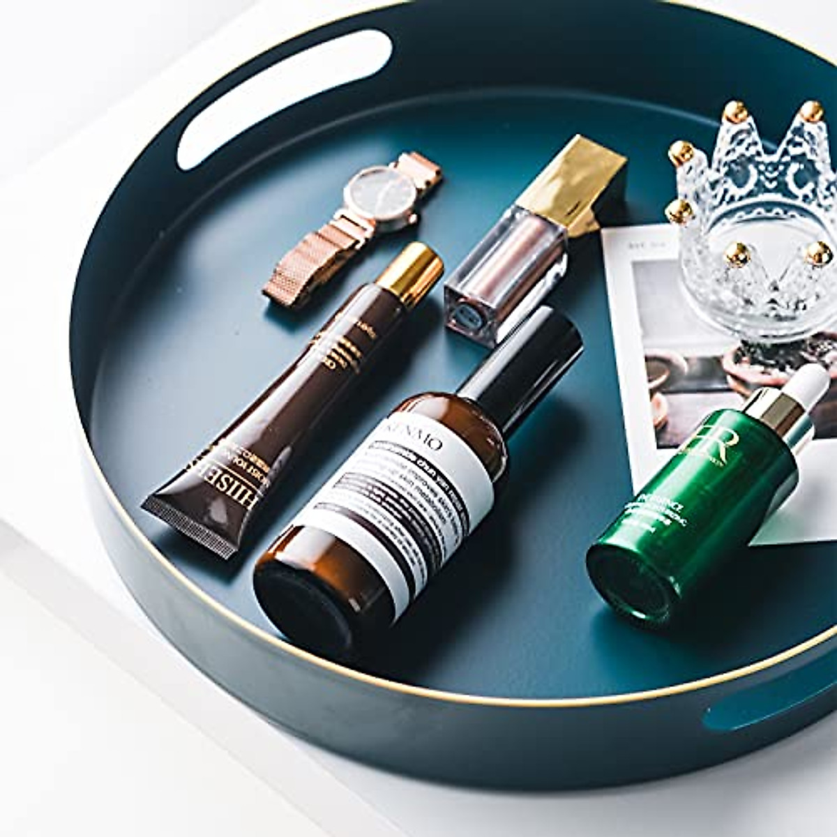 TZUTOGETHER Modern Round Decorative Tray - 11.8" Metal Coffee Table Serving Tray with Handles, Chic Vanity Tray for Ottoman, Kitchen, Bathroom, Living Room Bar and All Occasion's (Green)