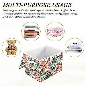 Kigai Palm Flower Storage Basket 16.5x12.6x11.8 In Collapsible Fabric Storage Cubes Organizer Large Storage Bin with Lids and Handles for Shelves Bedroom Closet Office