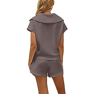 calbatic Women Casual Two Pieces Outfits Half Zip Lapel Collar Short Sleeve Sweatshirt High Waisted Shorts Tracksuit Sets