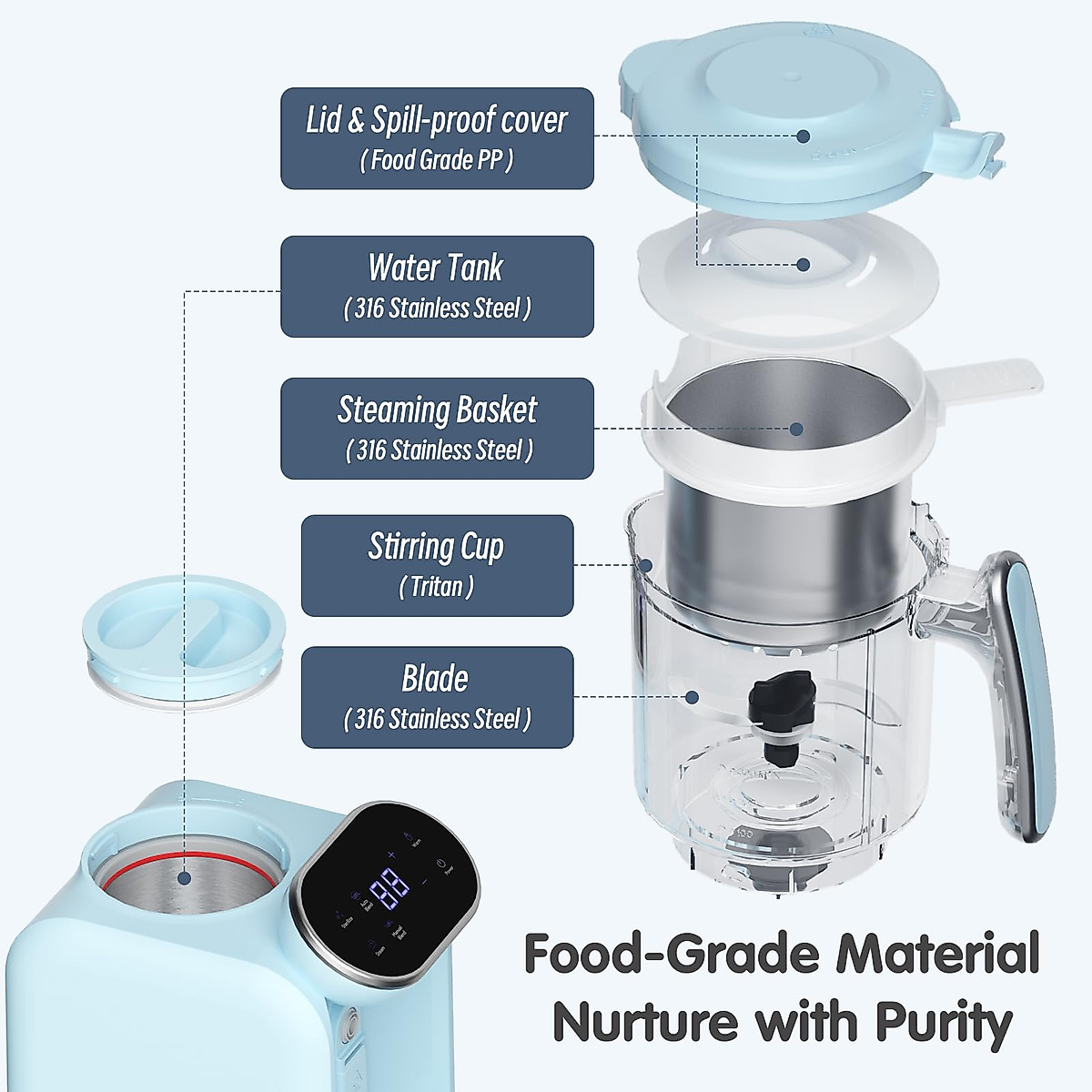 Awesmom Baby Food Maker, 5 in 1 Baby Food Processor, Smart Control Multifunctional Steamer Grinder with Food Pouches, Puree Blender, Auto Cooking & Grinding, Baby Food Warmer Mills Machine, Blue