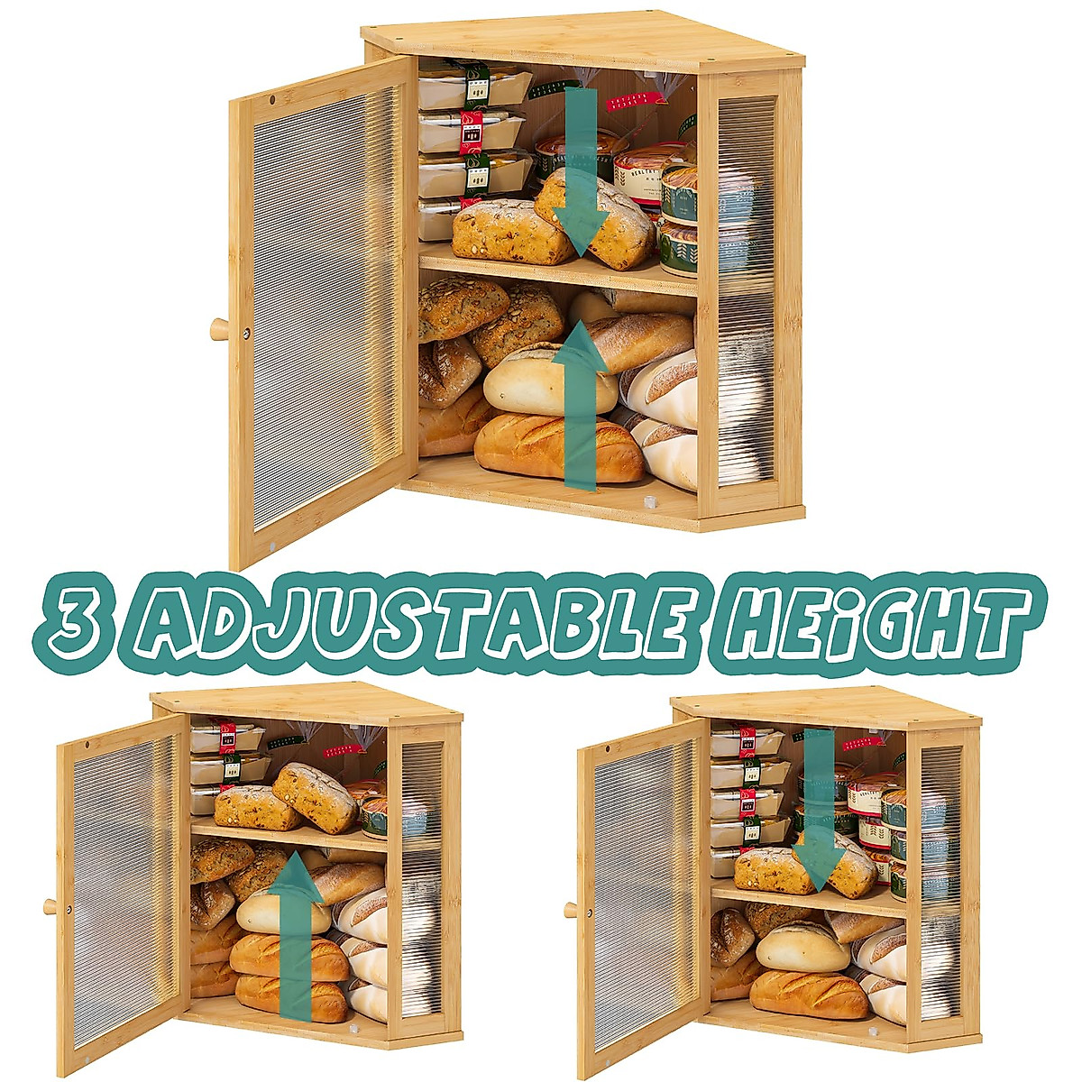 viewcare Extra Large Bread Box, Corner Bread Box for Kitchen Counter, Bamboo Wood Large Capacity Bread Storage Bin with Acrylic Wavy Door Panel