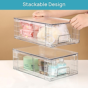 4 Pack Stackable Storage Drawers,Clear Acrylic Drawer Organizers with Handles, Easily Assemble for Fridge, Bathroom,Kitchen Undersink,Cabinet,Pantry organization and Storage