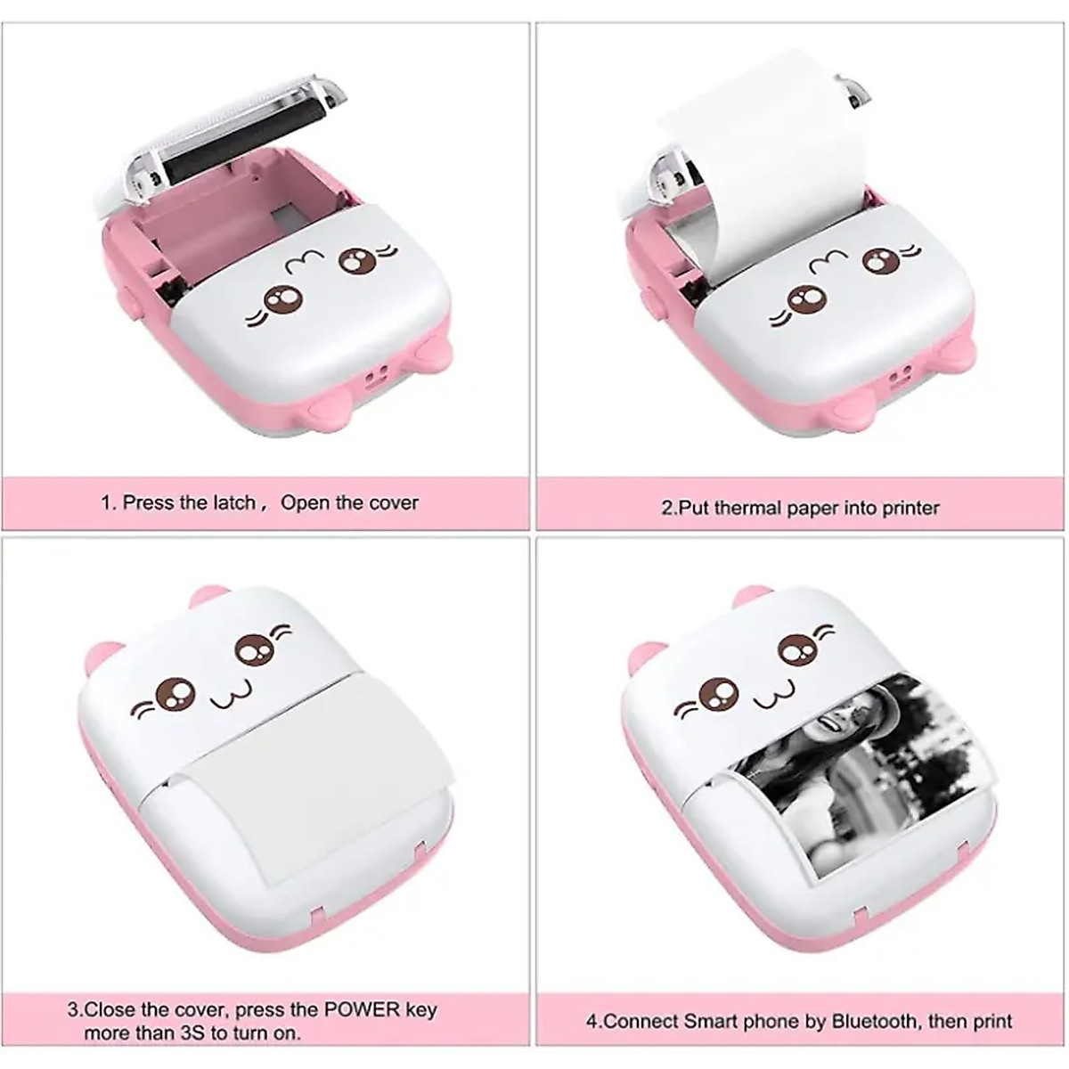 Fernuenx Mini Portable Printer, Wiresless Bluetooth Inkless Pocket Thermal Printer with 6 Rolls of Thermal Paper for Android iOS Phone，Gift for Notes Study Travel Photos Office Home，Pink