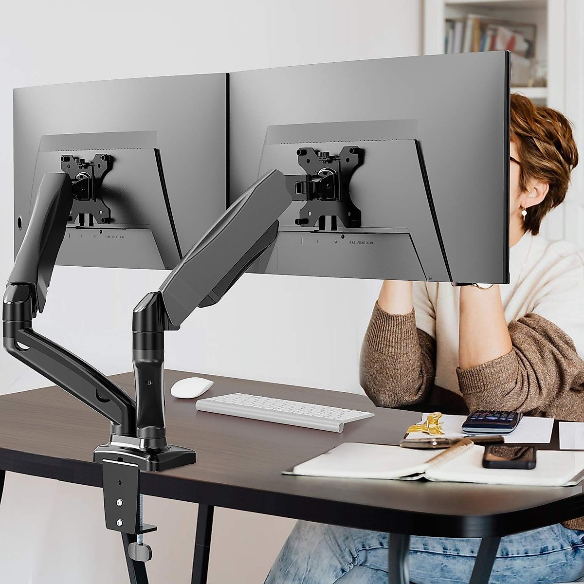 WALI Dual Monitor Stand Arms Mounts, for 2 Monitors, Fully Adjustable Gas Spring Desk Mount Swivel Mounting Holes Bracket with C Clamp, Grommet Base for Display Up to 32 Inch,19.8lbs. (GSMP002), Black