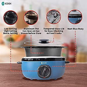 ICOOK USC-35-OP001BL 3.5 Quart Slow Cooker ,Aluminium Sear/Sauté Stew Pot Stovetop safe,Dishwasher Safe,Glass Lid,Adjustable Temp,Food Warmer,Blue