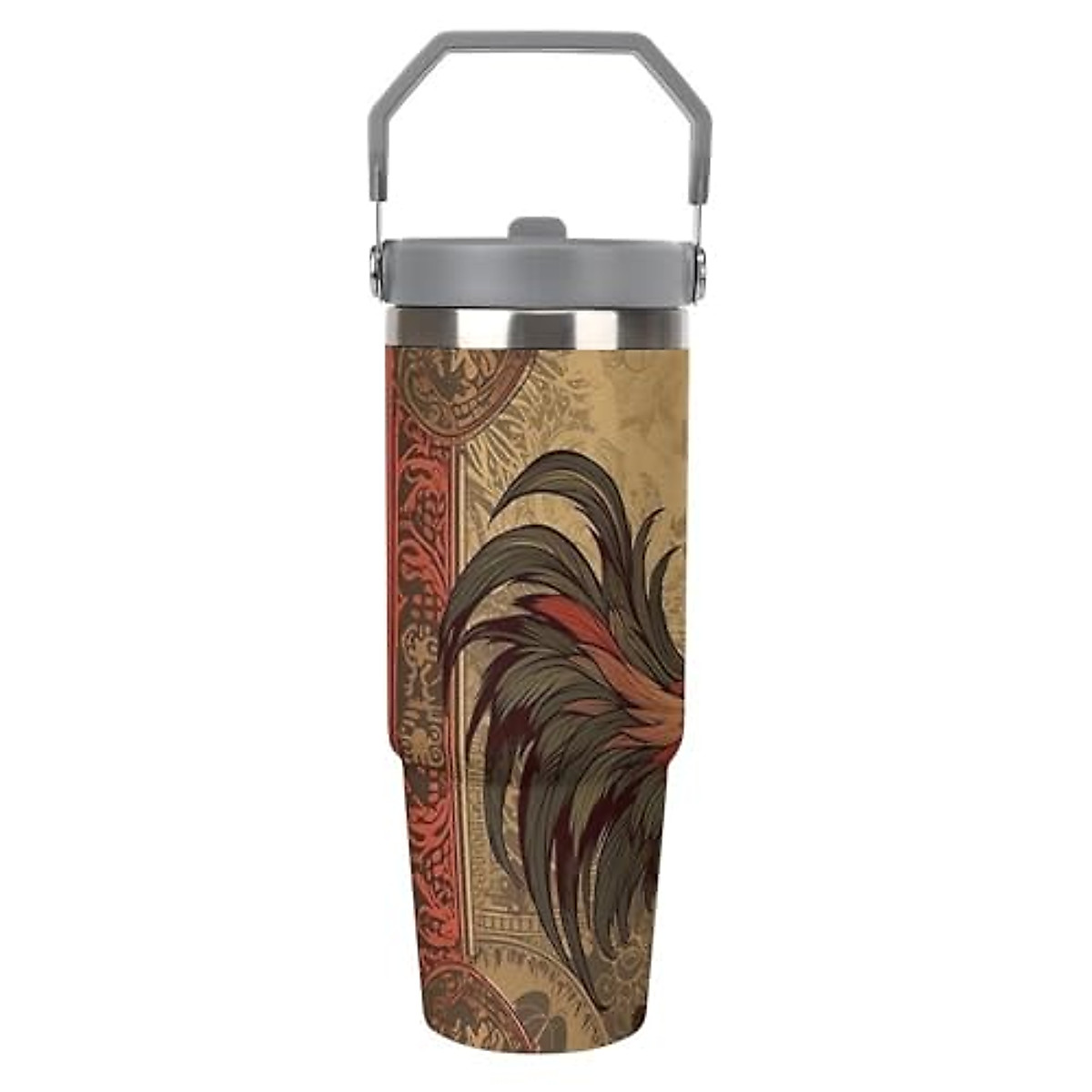 BWQJKUO Large Capacity Car Cup 30 Oz Stainless Steel Old Rooster Illustration Printed Travel Mug Leak-proof Flip Straw Tumbler with Handle,keeps Cold Or Ho