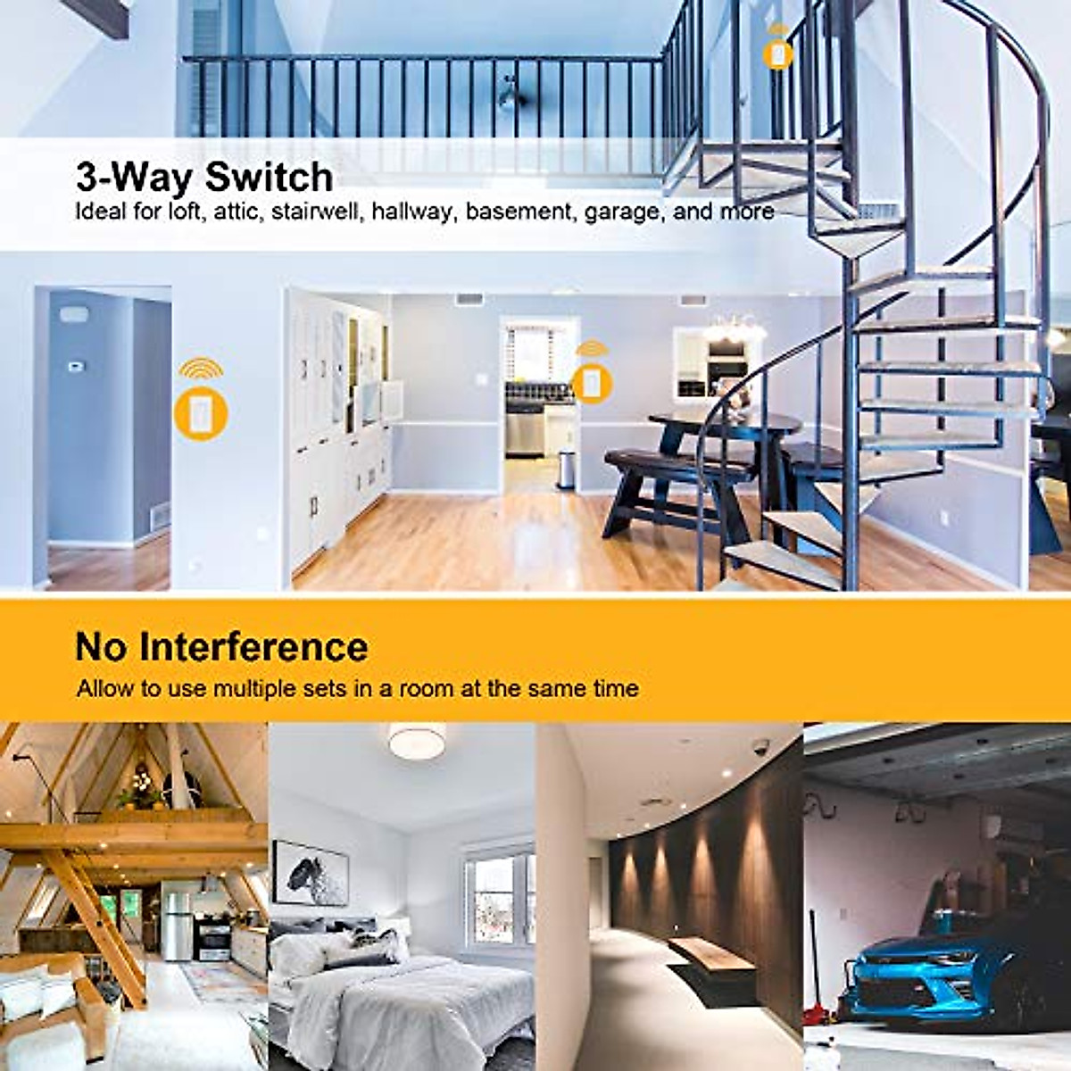 Suraielec 3 Way Wireless Light Switch, No Wiring, No WiFi, 100ft RF Range, Pre-Programmed, Expandable Wireless Wall Switch and Receiver Kit, Remote Control Light Fixture for Lamp, Ceiling Light, Fan