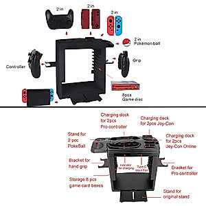 YICHUMY Mulfunction Game Disc Stand Tower Controller Charger Charging Dock for Switch 4 Joycontroller, 2 Pro Controllers and 2 Poke Ball Plus Controllers, Storage for Switch Accessories