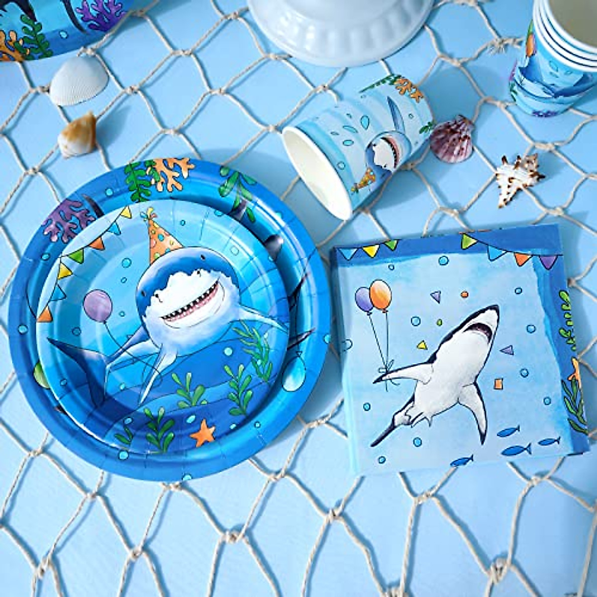 WERNNSAI Shark Party Supplies Set - 64PCS Ocean Shark Birthday Party Paper Plates Cups Napkins Tableware for Boys Kids Baby Shower Blue Shark Summer Pool Party Decor