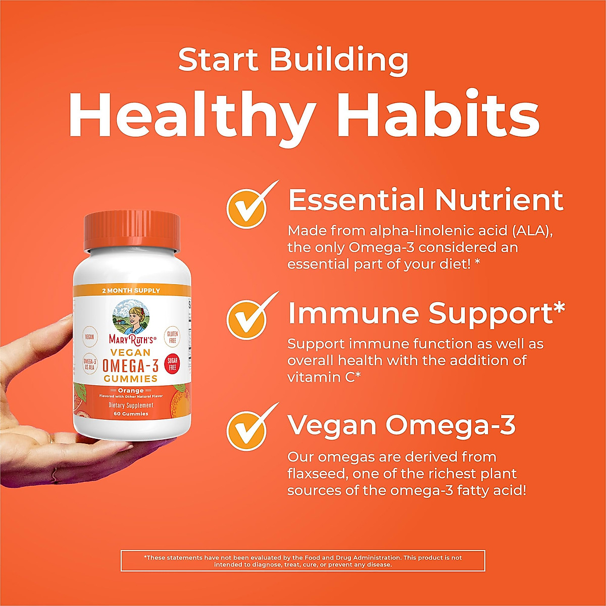 MaryRuth Organics Vegan Omega 3 Gummies for Adults | 2 Month Supply | Sugar Free Supplement with Vitamin C | Flaxseed Oil Immune Support | Overall Wellness | No Fish Taste | 60 Count