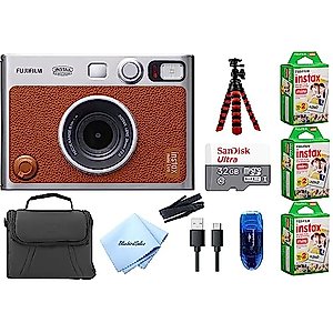 Fujifilm Instax Mini EVO Hybrid Camera (Brown) Bundle with 60 Instant Film Sheets + 32GB Memory Card + Small Padded Case + SD Card Reader + Flex Tripod + BluebirdSales Microfiber Cleaning Cloth