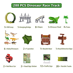 288 Pcs Dinosaur Race Car Tracks Set for Kids,Flexible Train Tracks to Create A Dino World Road with Bridge, 2 Electric Race Cars Best Gift for Toddlers Boys and Girls