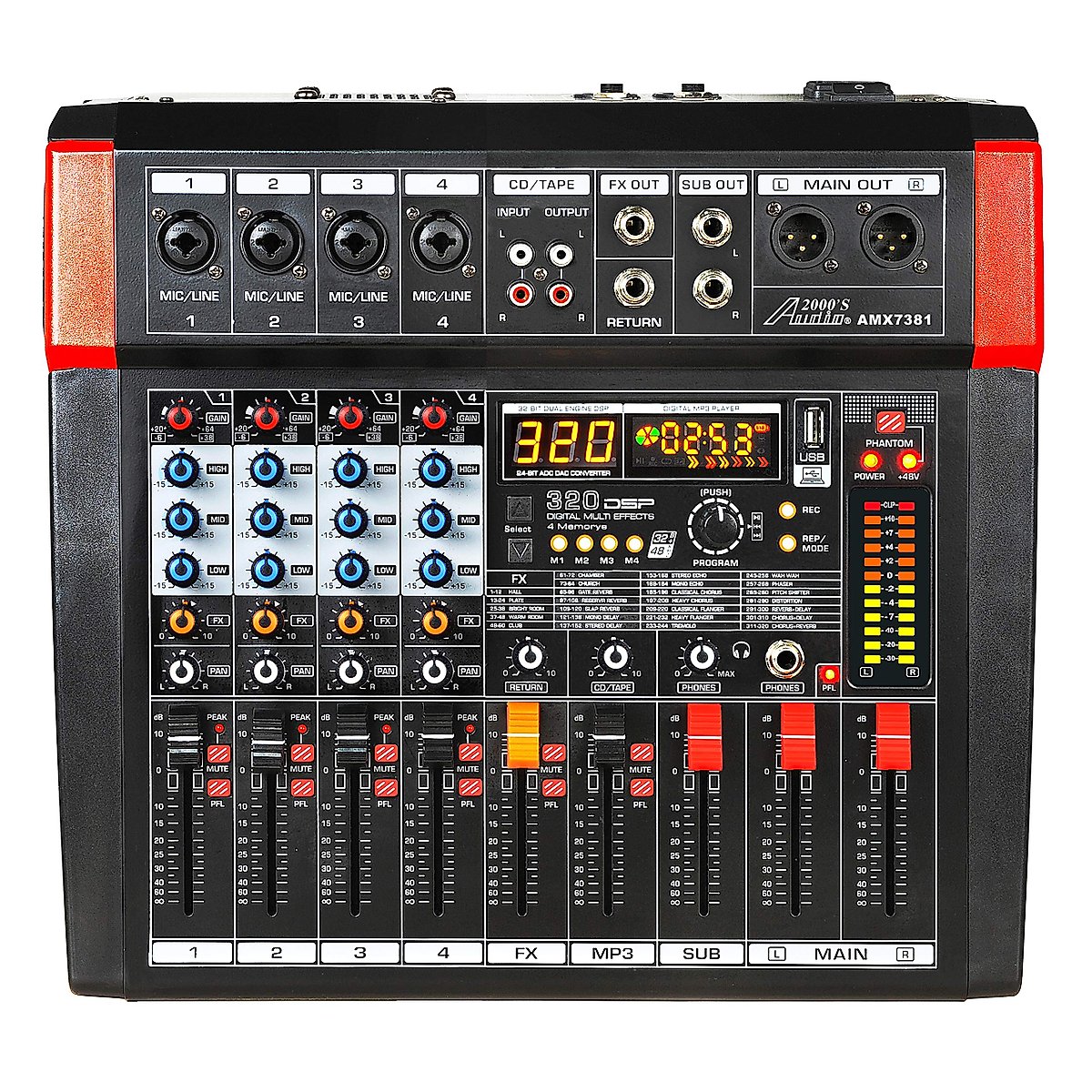 Audio2000'S AMX7381 Four-Channel Powered Audio Mixer with 320 DSP Sound Effects, Stereo Sub Out with Sub-Out Level-Control Fader, Level-Control Faders on All Channels, and USB/Computer Interface