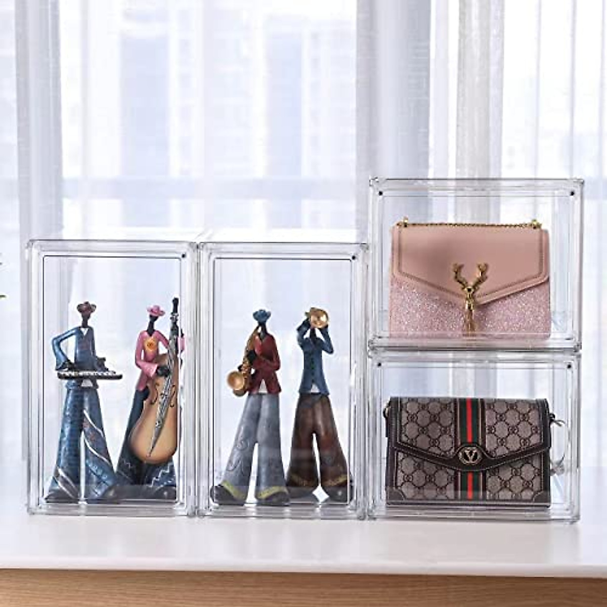 ZLLZUU Purse and Handbag Storage Organizer for Closet, Clear Acrylic Display Case for Collectibles, 3 Pack Plastic Storage Boxes with Magnetic Door for Wallet, Cosmetic, Toys (Large Door)