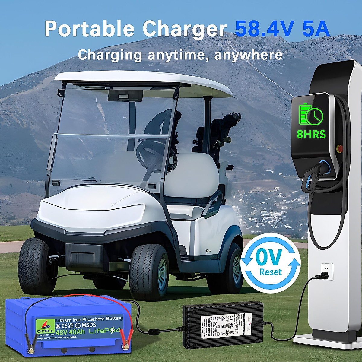 OCELL [2-3 Days Delivery 48V 40Ah LiFePO4 Lithium Deep Cycle Battery 10 Years Lifespan + 58.4V 5A Charger, 4096W Power Rechargeable Battery for Golf Cart, Club Car, Summer Off-Grid Outages, RV, Boat