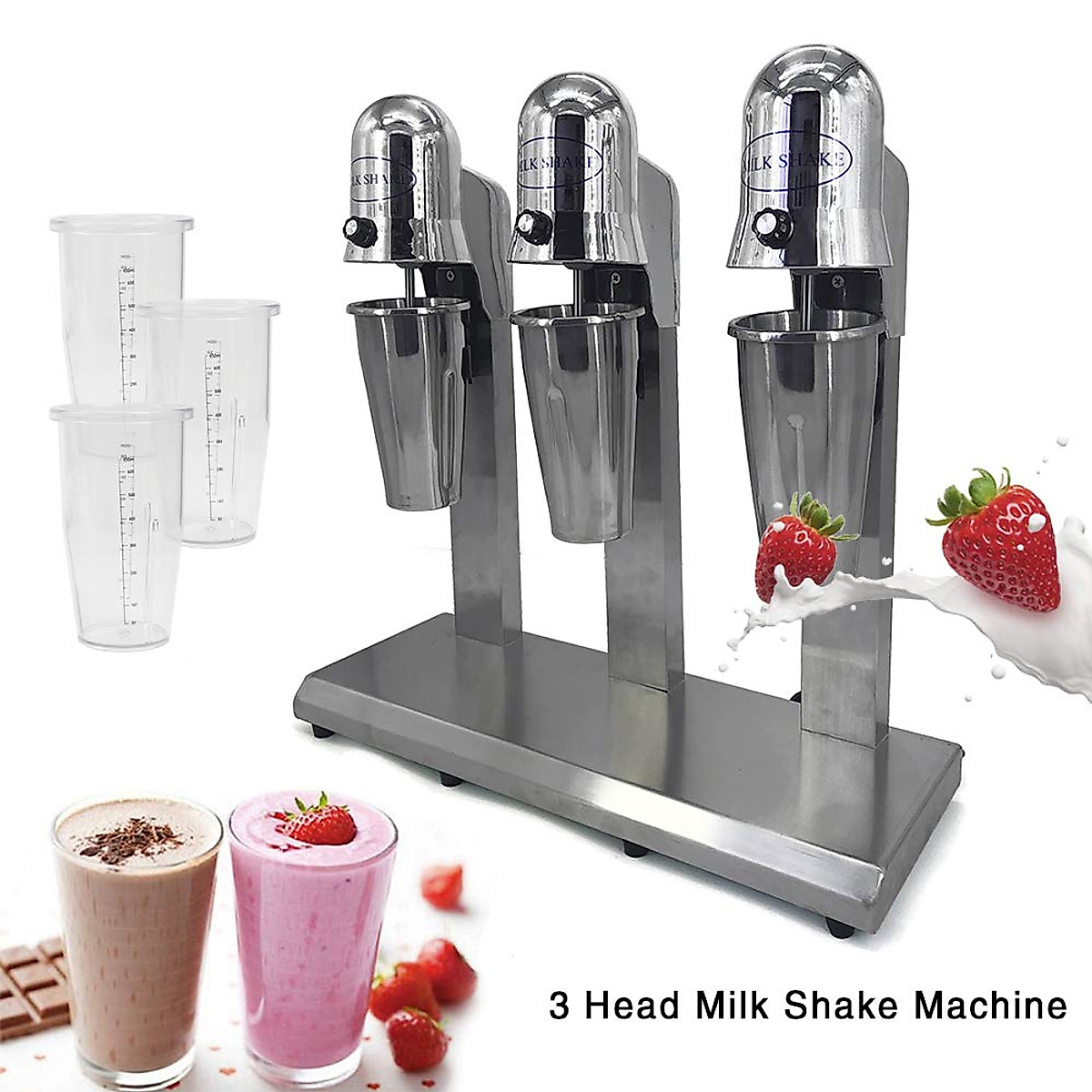 Milkshake Mixer, Commercial Stainless Steel Milk Shaking Machine, 3-Head Milkshake Mixer with 3 x 800 ML Stainless Steel Cups & 3 PC Cups, Electric Milkshake Maker Machine for Commercial and Home