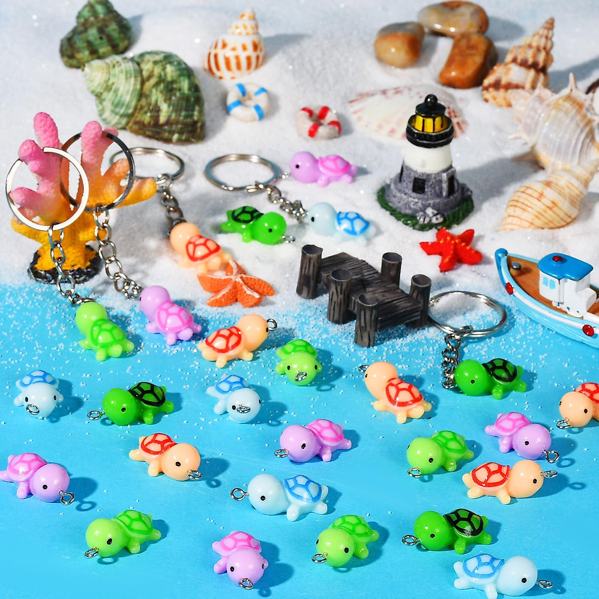 ZHWKMYP 35 Pcs Turtle Keychains, Tiny Multicolor Sea Turtle Keychain Bulk, Mini Resin Turtles Key Chain for Students Classroom Boys Girls Party Supplies