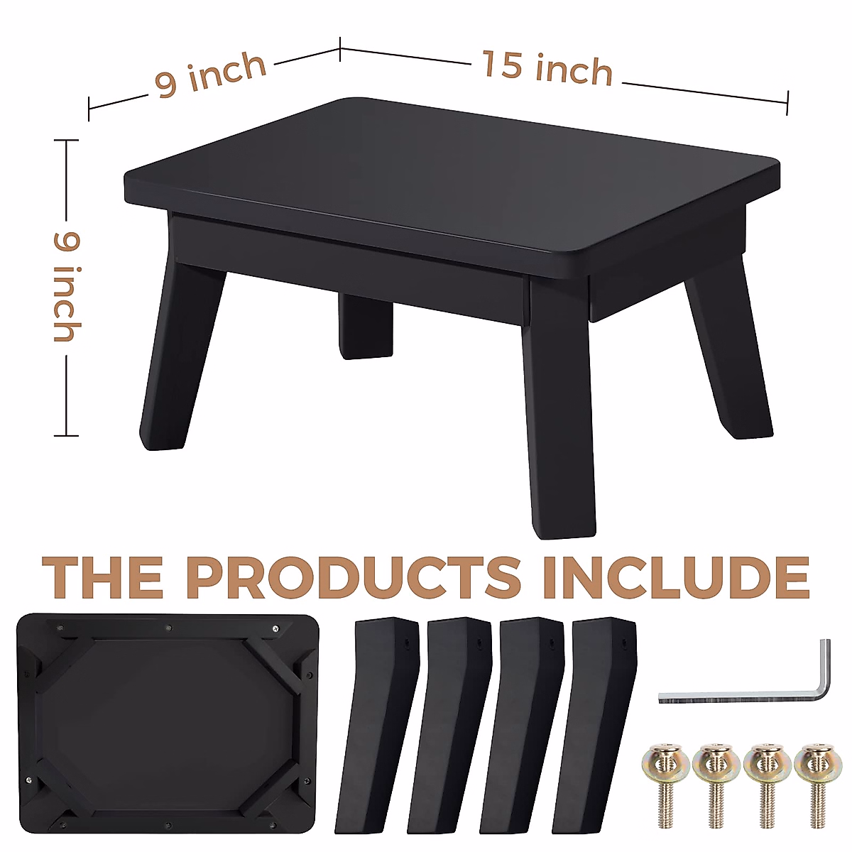 HOUCHICS Wooden Step Stool,One Step Stool for Adult Kids,Wood Bedside Step Stool for Kitchen,Bathroom,Bedroom(Black)