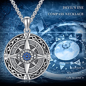Midir&Etain Evil Eye Necklace S925 Sterling Silver Compass Necklace Life Compass Travel Pendant Evil Eye Amulet Inspirational Graduation Gift Jewelry Men Women
