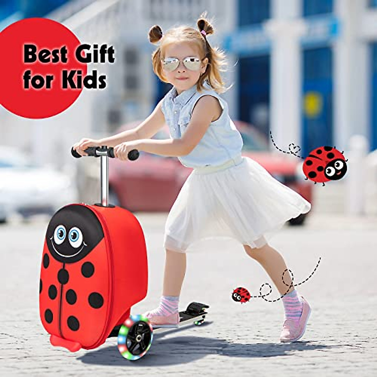HONEY JOY Kids Scooter Suitcase, 18” Children Carry on Scooter Luggage w/Light-up LED Wheels, Waterproof Shell & Retractable Handle, Lightweight Foldable Ride on Suitcase for Kids Boys Girls(Red)