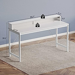 Rolanstar Computer Desk 55" with LED Lights & Power Outlets, Home Office Desk with Monitor Shelf, Gaming Desk, Writing Desk, Study Desk for Student & Kids, White