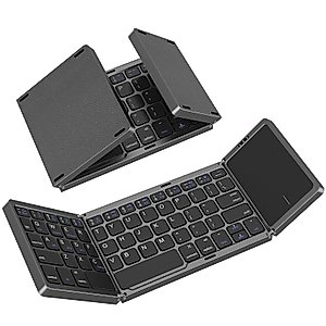 HAMOPY Foldable Keyboard, Leather Tri-Folding Wireless Portable Bluetooth Keyboard with Sensitive Touchpad Mouse (Sync Up to 3 Devices), Mini Rechargeable Travel Keyboard for Windows Mac Android iOS
