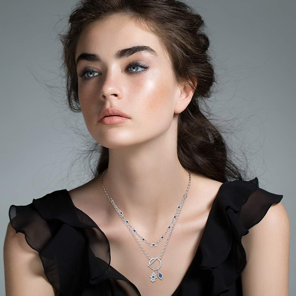 Talonior Layered Hamsa Hand Evil Eye Necklace for Women S925 Sterling Silver Hand of Fatima Necklaces Good Luck Gifts