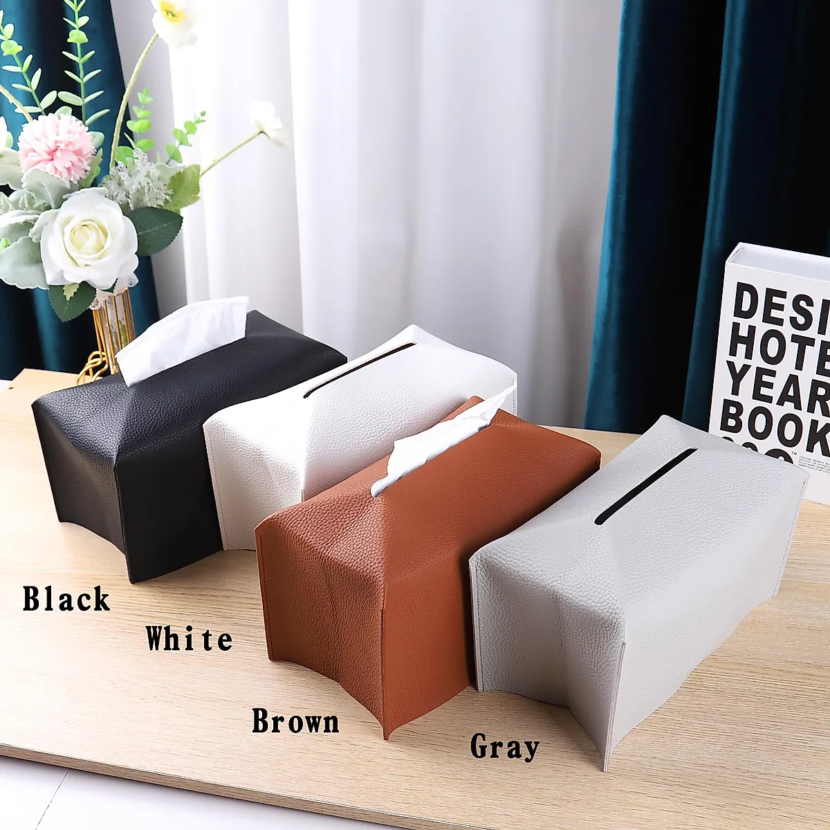 Tissue Box Cover, Leather Car Tissue Holder Rectangle, Black Toilet Tissue Box Holder Square for Bathroom (9.5 * 5 * 5 in, Gray)