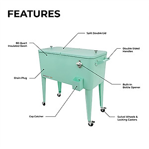 Permasteel 80-Qt Classic Outdoor Patio Cooler for Outside |Rolling Beverage Cooler Bar Cart with Wheels & Handles, Retro Design, Mint