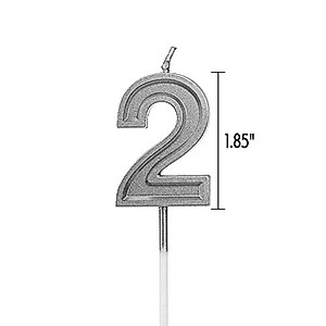 LUTER Silver Glitter Happy Birthday Cake Candles Number Candles Number 2 Birthday Candle Cake Topper Decoration for Party Kids Adults (Number 2)