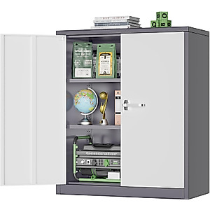 SUNCROWN Metal Storage Cabinets, 42”Locking Cabinet with Doors and Adjustable Shelves, Steel Utility Tool Garage Cabinets for Home, Office, Kitchen,Warehouse （Grey & White）