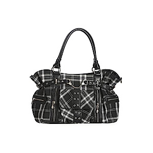 Rise Up Handcuff Goth Punk Rock Black and White Plaid Tartan Tote Crossbody Bag Women's Purse