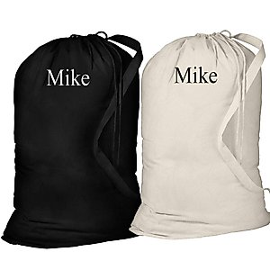 Large Personalized Embroidered Custom Laundry Bags - College Student Bag (Black & Natural)
