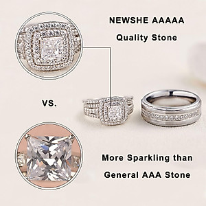 Newshe Wedding Rings Set for Him and Her Women Mens Tungsten Bands Princess Cz 2.3Ct Sterling Silver 7&9