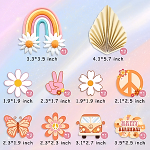 15 PCS Groovy Cupcake Toppers Boho Rainbow Cake Topper Hippie Party Decorations with Flower Bus Happy Birthday for Girl 2nd Birthday Party 60s Theme Boho Groovy Party Supplies (Bohemia)