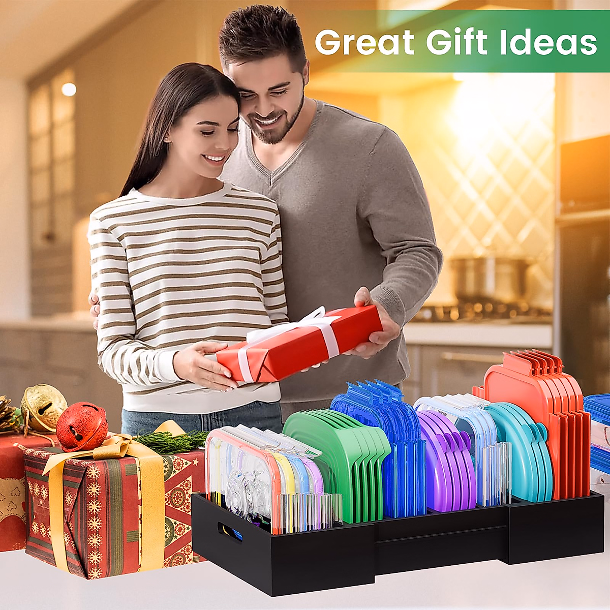 Kiasthome Expandable Bamboo Lid Organizers Inside Cabinet, Kitchen Cabinet Organizers with 3 Adjustable Dividers, Storage Plastic Lids, Food Container Lid Holder Organizer for Drawer Pantry, Black