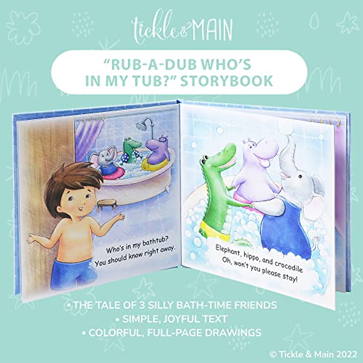 Tickle & Main Rub-a-Dub Gift Set, 5-Piece Bath Set Includes Elephant Hooded Towel, 3 Jungle Safari Squirt Toys, and Book for Boys and Girls!