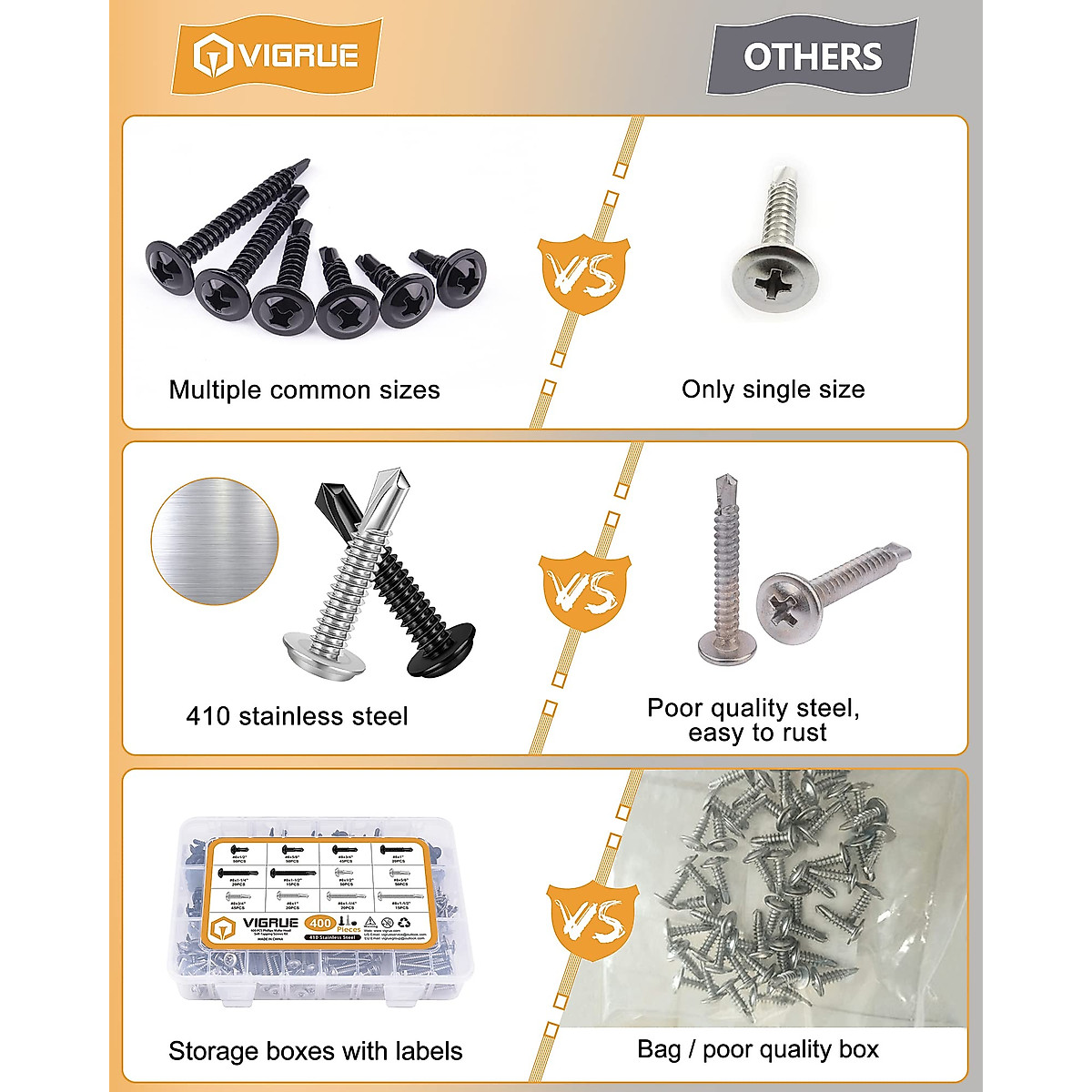 VIGRUE 410 Stainless Steel #8 X 1/2'' to 1-1/2'' Self Tapping Screw Assortment Kit, Modified Truss Head, 400pcs Self Tapping Screws for Metal, Black Oxide and Silver Stainless Steel