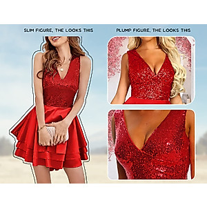Lrady Women's Sequin Glitter V Neck Skater Mini Club Cocktail Party Swing Dress, Red, Medium