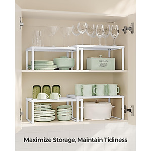 SONGMICS Spice Rack, Cabinet Shelf Organizers, Shelf Organizer, Countertop Organizer, Shelf Riser, Stackable, Expandable, Set of 4 Metal Kitchen Counter Shelves, White UKCS006W01