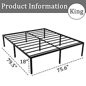 caziwhave King Bed Frame 18 Inch High Max 3500 lbs Heavy Duty Metal Mattress Foundation Platform Sturdy Steel Slat Support King Size No Box Spring Needed Easy to Assembly Noise Free Non Slip