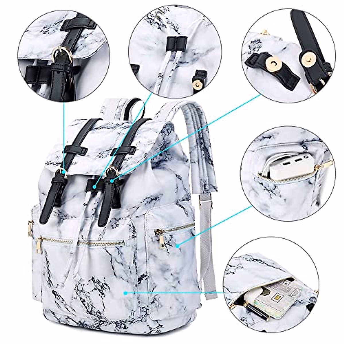 Bluboon Girls School Backpack Women College Bookbag Lady Travel Rucksack 15.6Inch Laptop Bag with Charge Port (A-Marble)