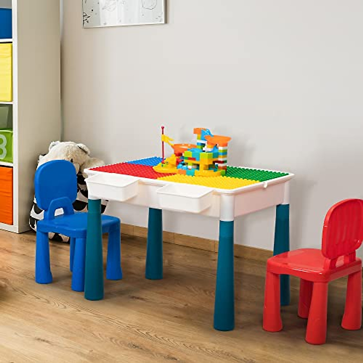 Sandinrayli 7-in-1 Kid Activity Table Set w/2 Chairs & 72Pcs Large Size Blocks, Compatible with Classic Blocks, Water/Sand Table, Building Block Table for Toddler (Primary)