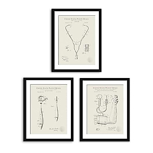 Vintage Medical Decor | 1903 Stethoscope, 1914 Blood Pressure Device, and 1918 Percussion Hammer Patents | Available Both as Prints or Framed | Antique Background | (8x10" Frames with Mat)