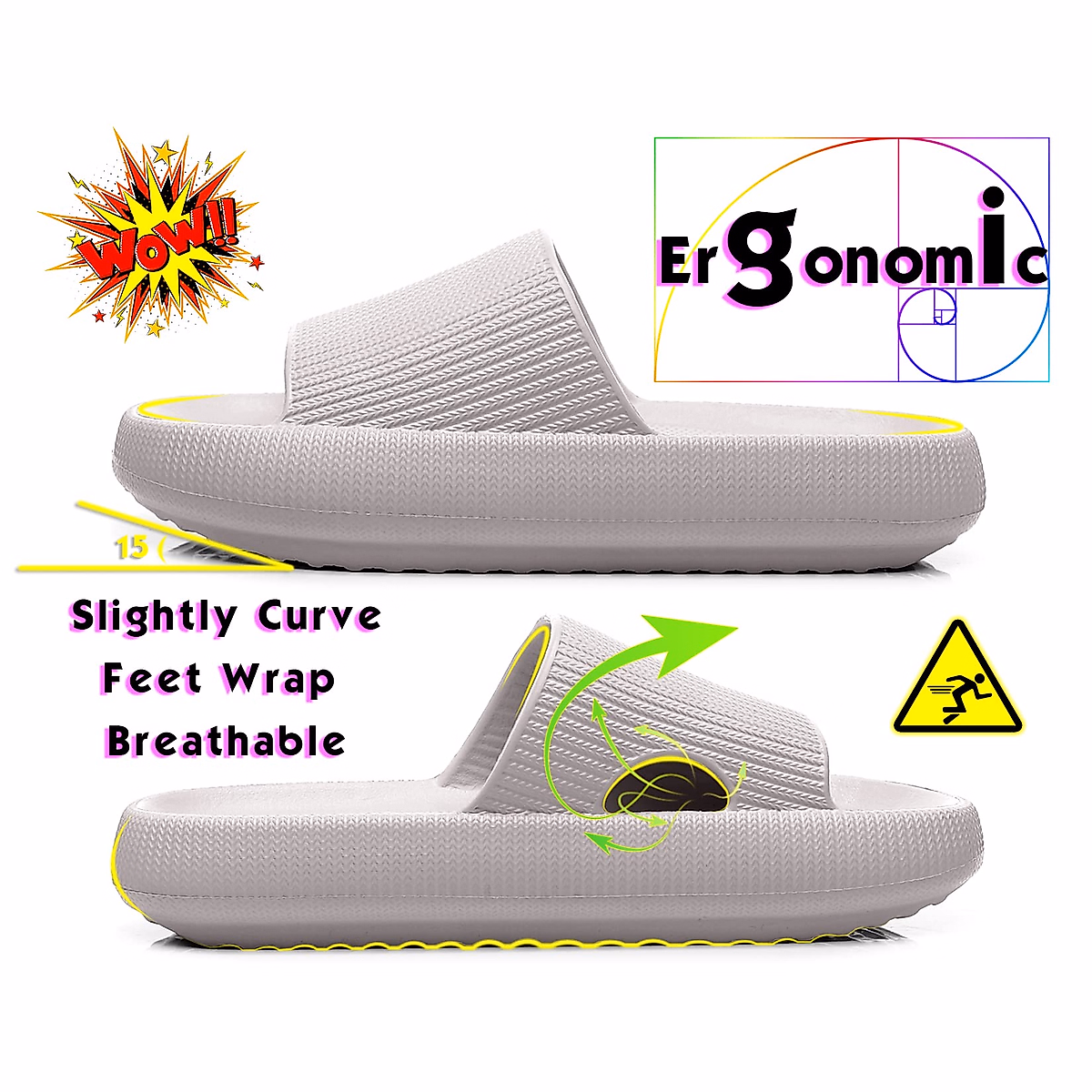 House Slippers For Women & Men - Cloud Slippers Non Slip Pillow Shower Slides Open Toe Comfy Quick Drying Bathroom Sandals For Spa Pool Gym Beach Indoor and Outdoor Grey 4041