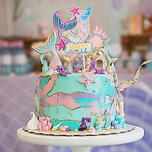 Gyufise 1Pc Mermaid Four Cake Topper Happy 4th Birthday Cake Decorations for Boys Girls Babyshower Under the Sea Themed Mermaid Birthday Party Decoration Supplies