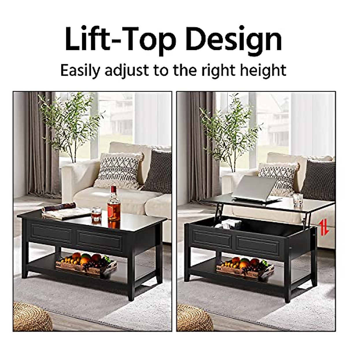 Yaheetech Lift Top Coffee Table with Hidden Compartment and Open Storage Shelf Pop Up Center Table for Living Room Reception, Black