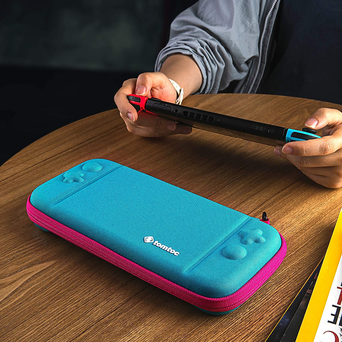tomtoc Carry Case for Nintendo Switch, Ultra Slim Hard Shell with 10 Game Cartridges, Protective Carrying Case for Travel, with Original Patent and Military Level Protection, Peacock Blue