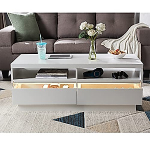 T4TREAM 48" LED Coffee Table with Storage, Modern Center Table with LED Lights & Power Strip, Coffee Table with Drawers for Living Room, Easy Assembly, Solid White