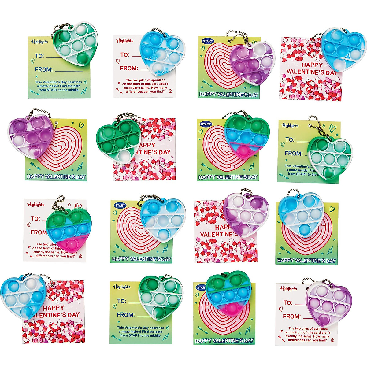 Highlights for Children Pop-It Valentine Cards for Kids Classroom Exchange, 24-Pack of Puzzle Valentine's Day Cards with Heart Shaped Keychain Fidget Toys